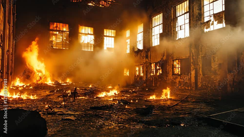 Inferno: A raging inferno consumes a large building, flames licking at ...