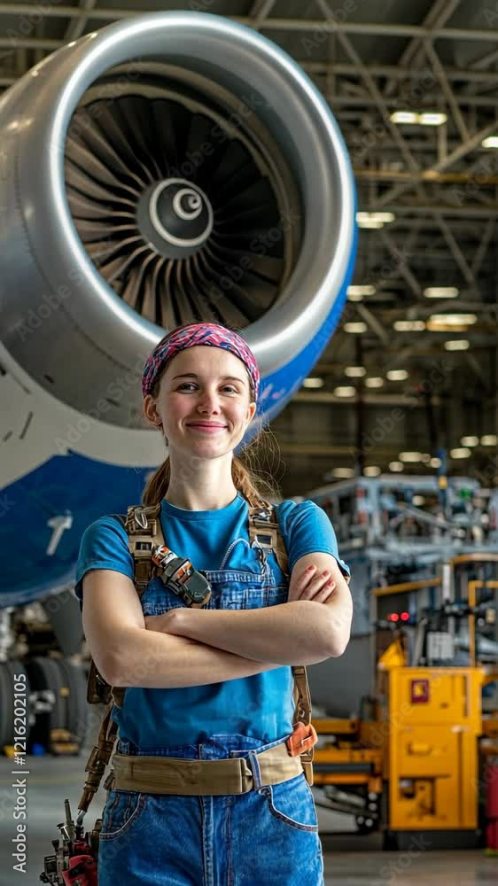 Young woman aircraft engineer stands confidently in front of jet engine ...