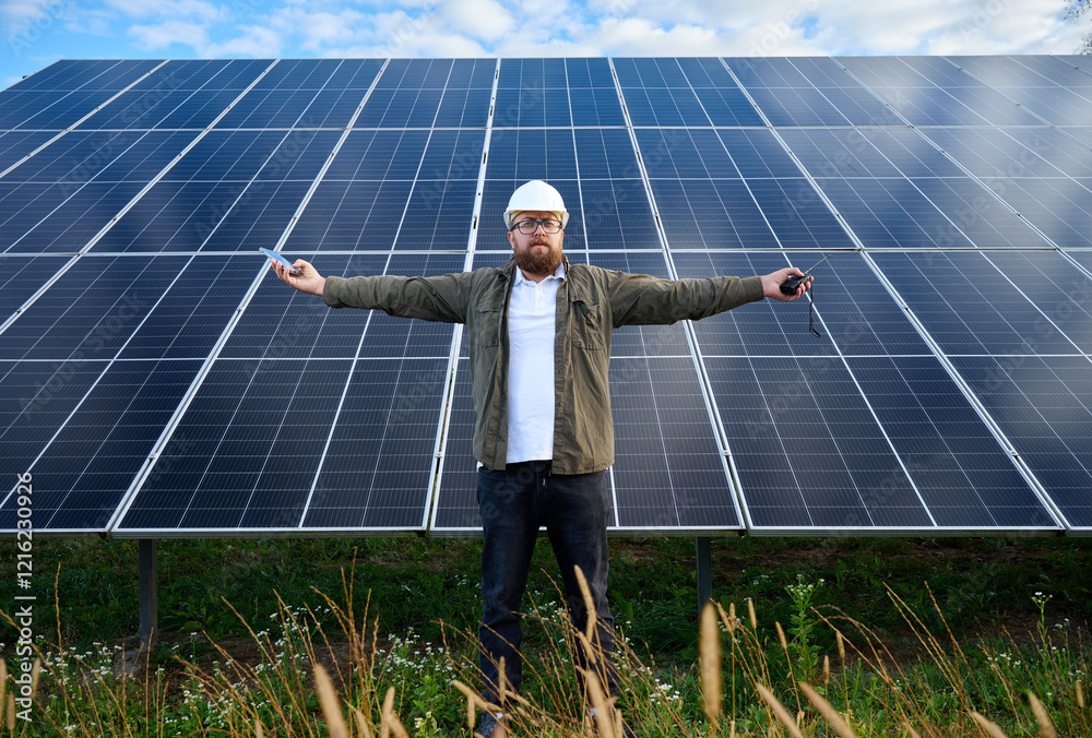 Poster Engineer in uniform with open hands gesture near solar station ...