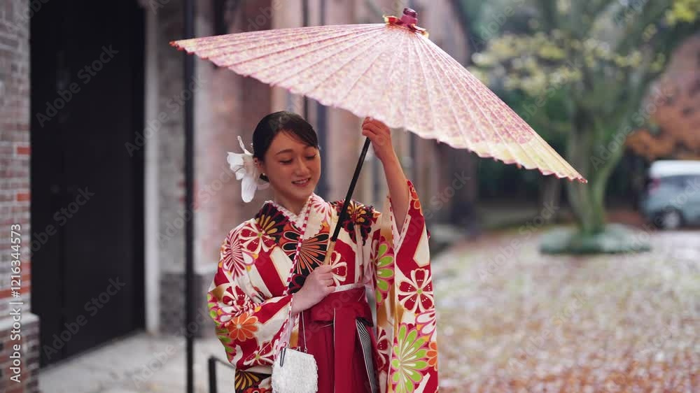 Young women in their 20s wear traditional hakama (kimono) in Japan ...