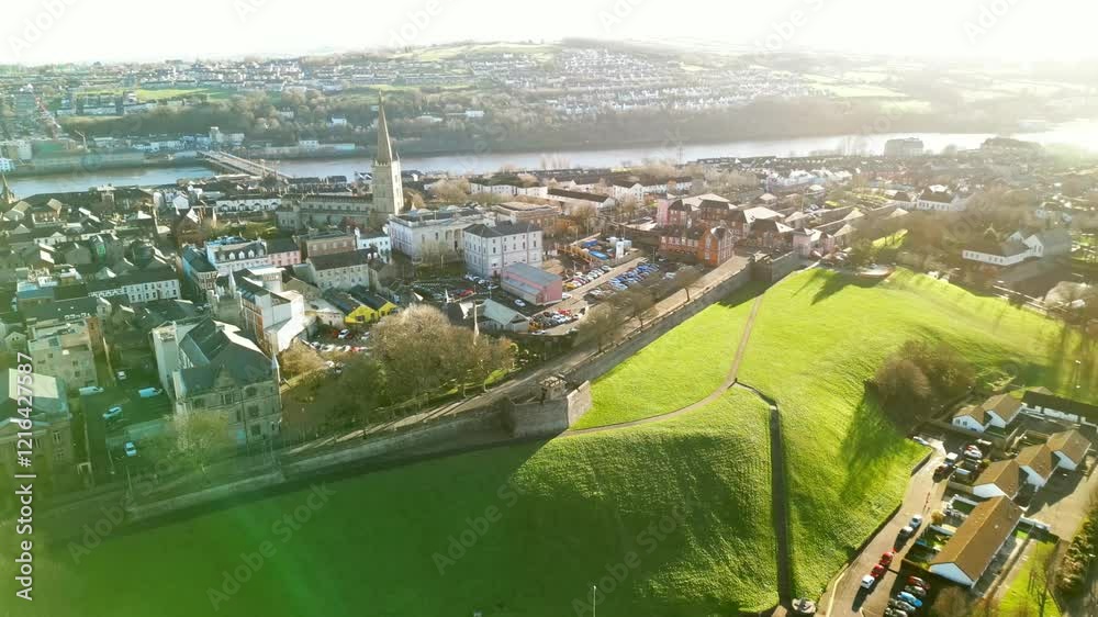 Ultra wide aerial of The Derry Walls in Derry-Londonderry, Northern Ireland on a bright sunny ...