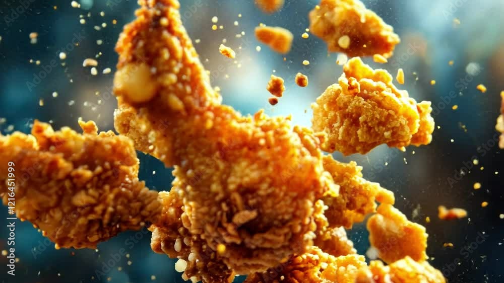 An explosion of fried chicken pieces captured mid-motion, with crispy ...