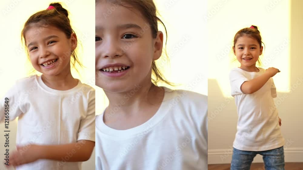 girl dances with joy while making a video call on the phone. High ...