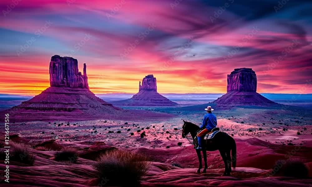 cowboy on horseback gazing at the breathtaking Monument Valley ...