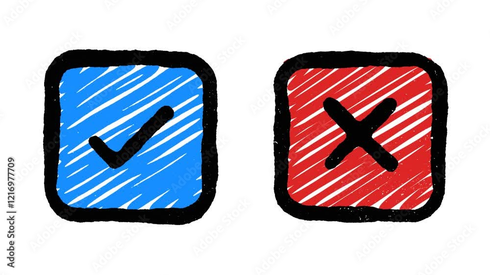 Check mark and black cross symbol hand drawn animated, transparent ...