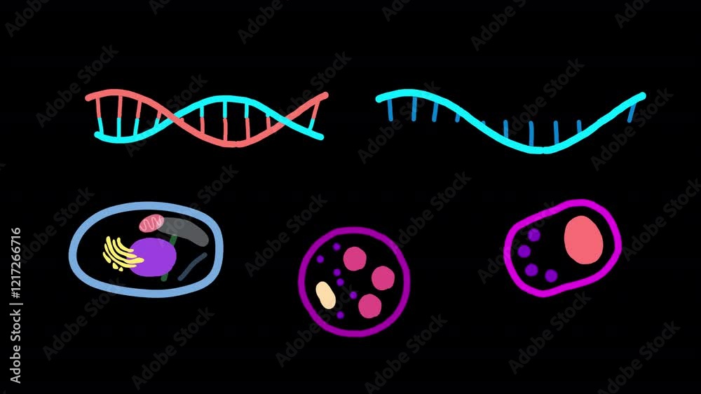 Set of five biology medical animations. DNA, RNA, cells hand drawn ...