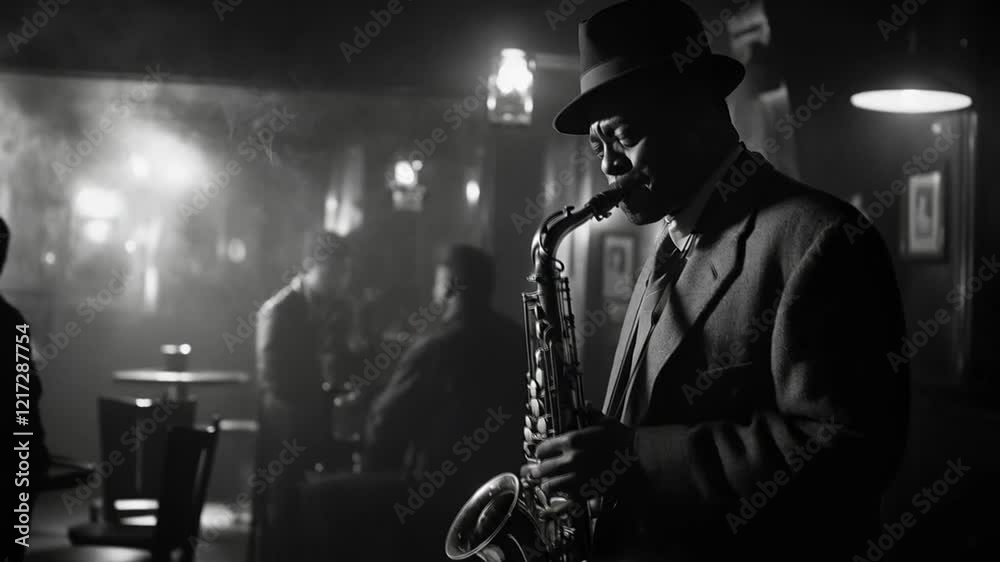 Black and white scene of a saxophone player, smooth repetitive motion ...