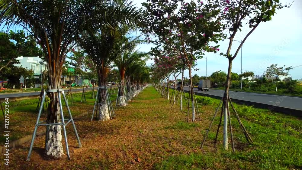 Suburban highway. A double freeway with a lawn and trees separating the ...