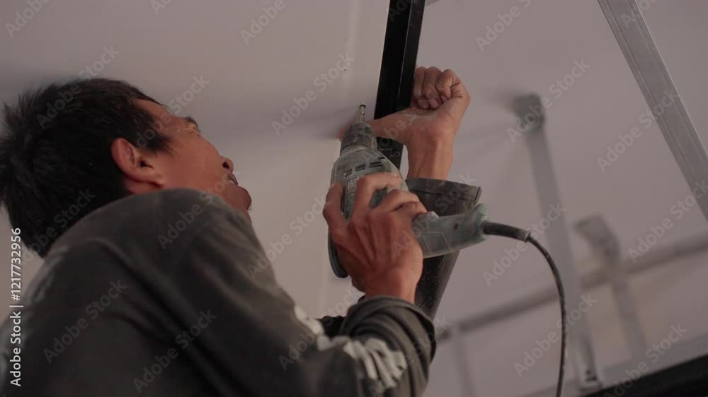 The builder do repaire in office. In the office make repaire during hot ...