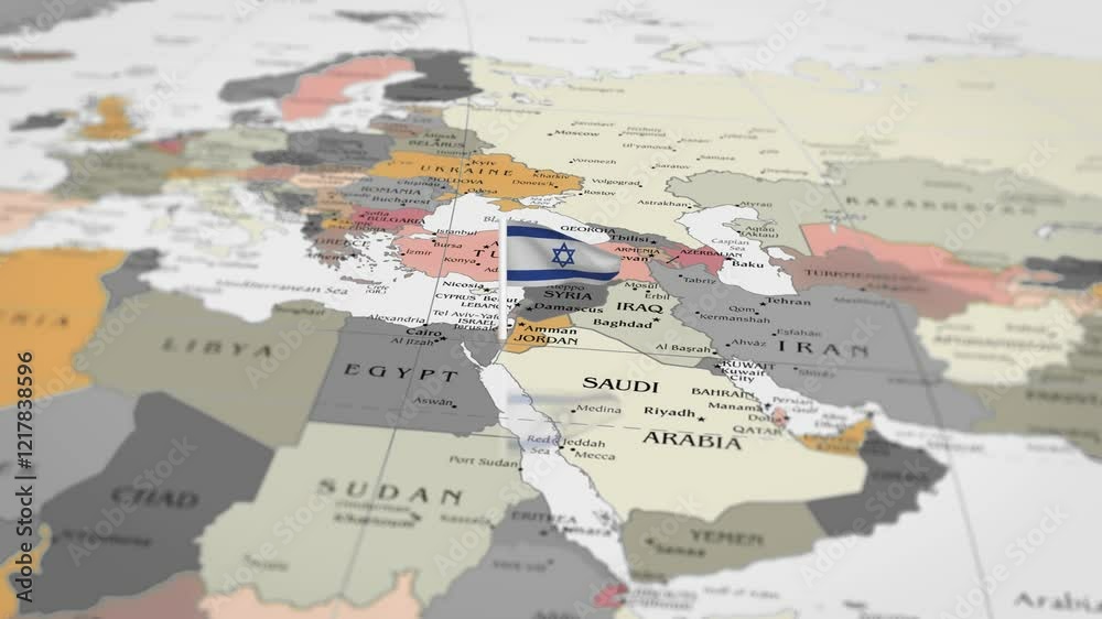 The camera rotating around Israel on the world map takes the focus ...