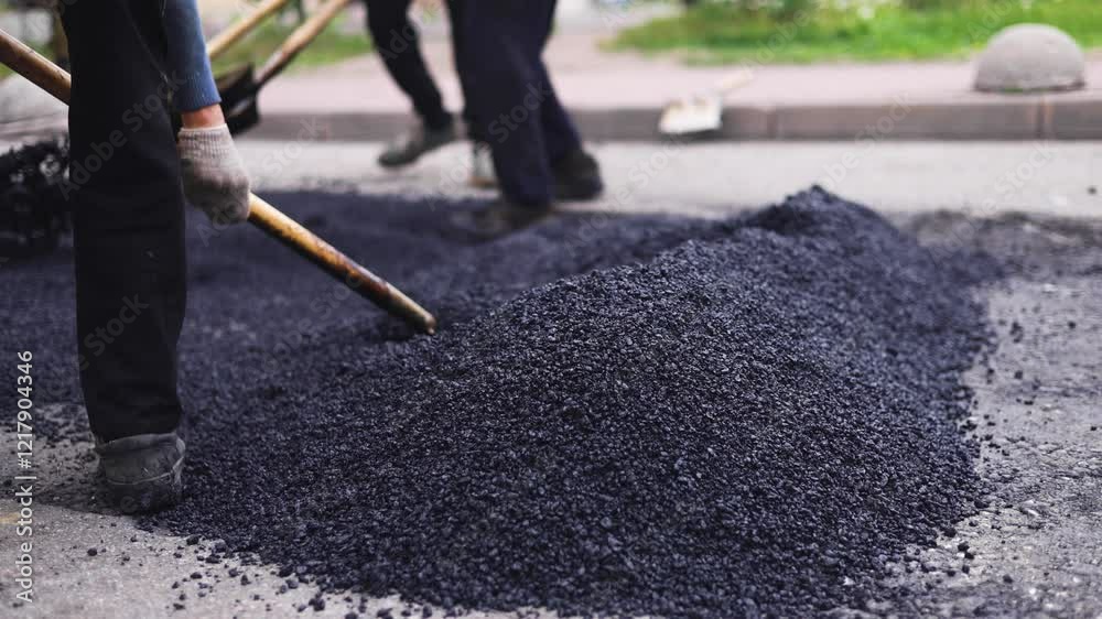 Roadworks, process of asphalting, blacktopping and paving new road ...
