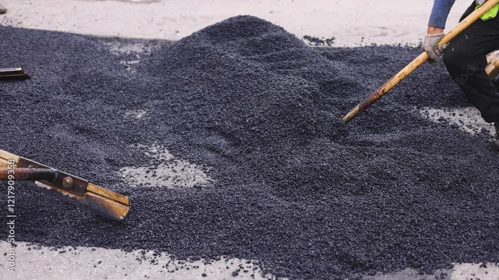 Roadworks, process of asphalting, blacktopping and paving new road ...