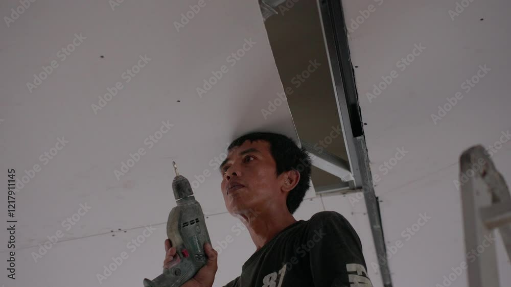 The builder do repaire in office. In the office make repaire during hot ...