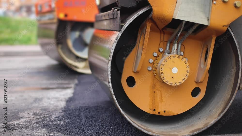 Roadworks, process of asphalting, blacktopping and paving new road ...