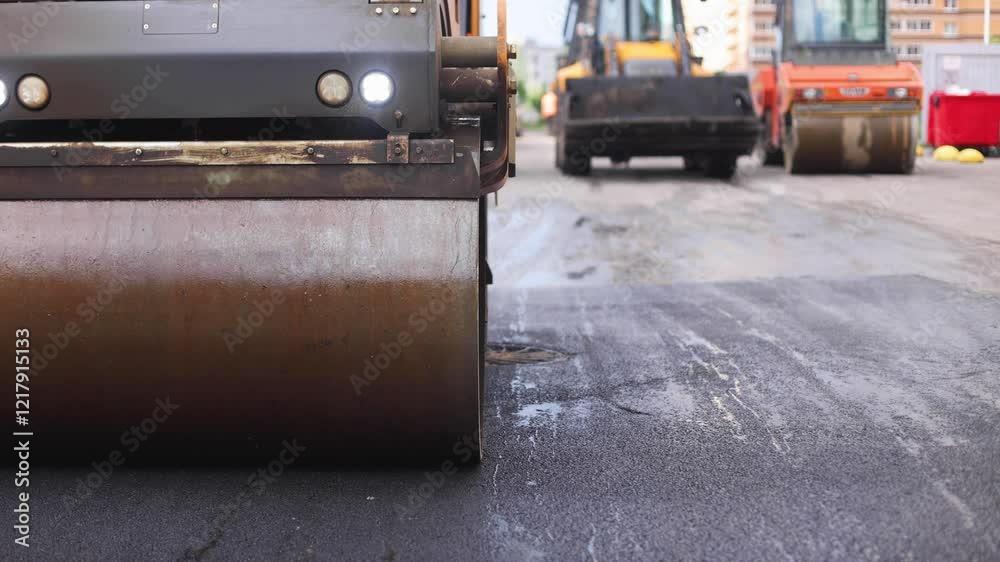 Roadworks, process of asphalting, blacktopping and paving new road ...