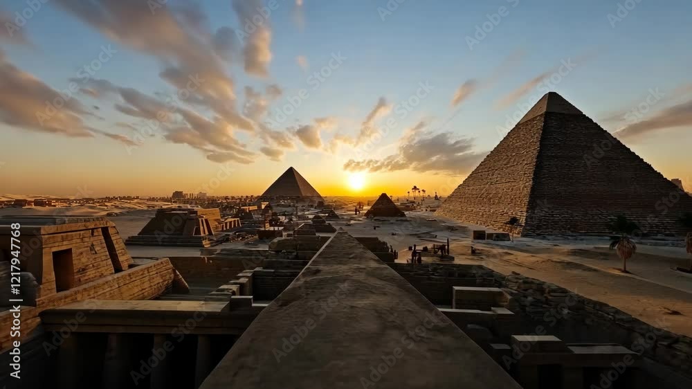 Sunset over the pyramids of Giza creating a mesmerizing view of ancient ...