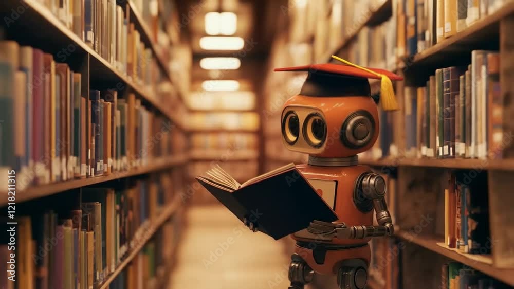 Scene of robot reading book in library, smooth repetitive motion for ...