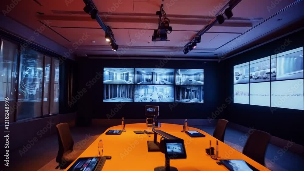 Future meeting room scene with AI technology, smooth repeating motion ...