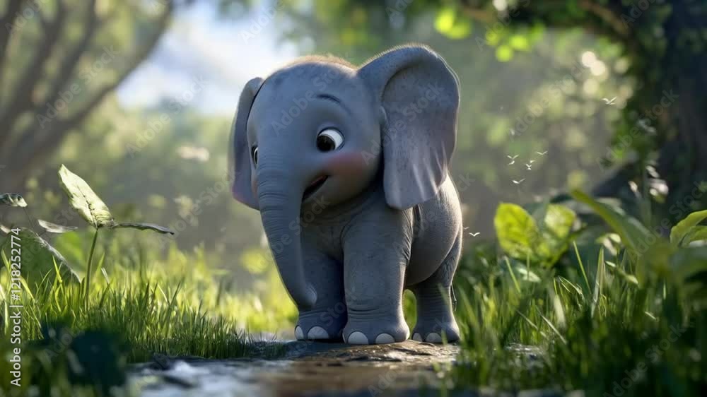 Animated scene of little elephant in the forest, smooth repeating ...