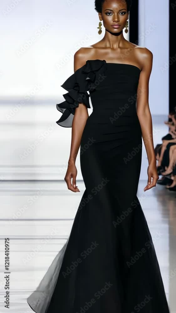 Elegant black gown worn by model on runway during fashion show in a ...