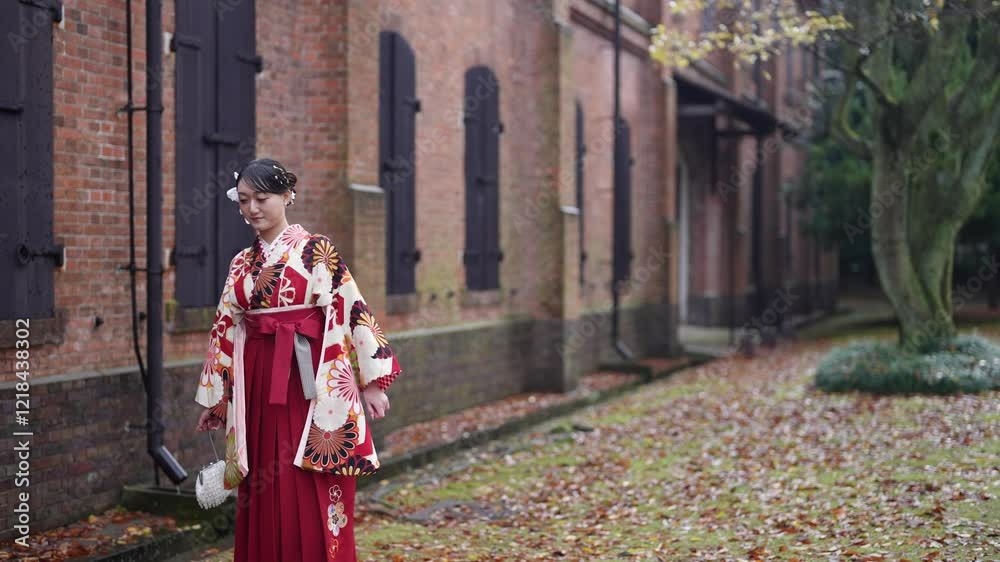 Young women in their 20s wear traditional hakama (kimono) in Japan ...