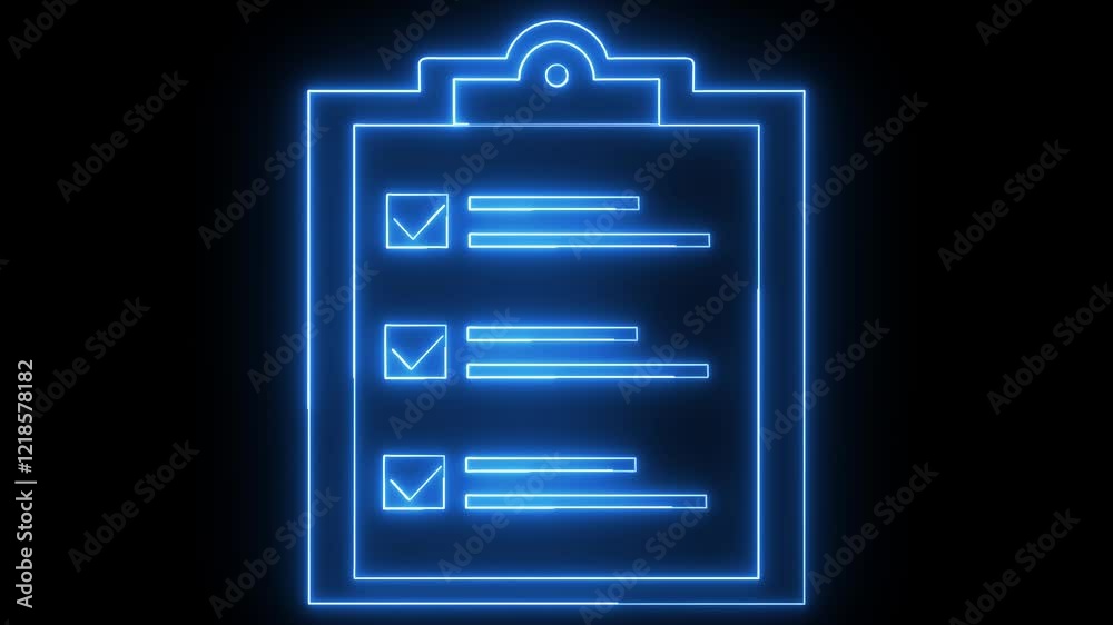 neon blue color clipboard with checklist icon animation checkbox binder ...