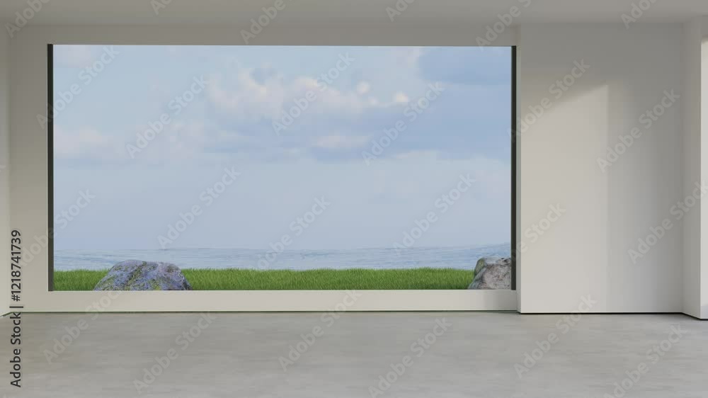 Blank wall on empty concrete floor of large living room in modern house ...