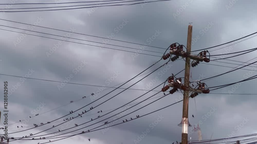 Birds fly in and sit on wires of high-voltage power lines installed on ...