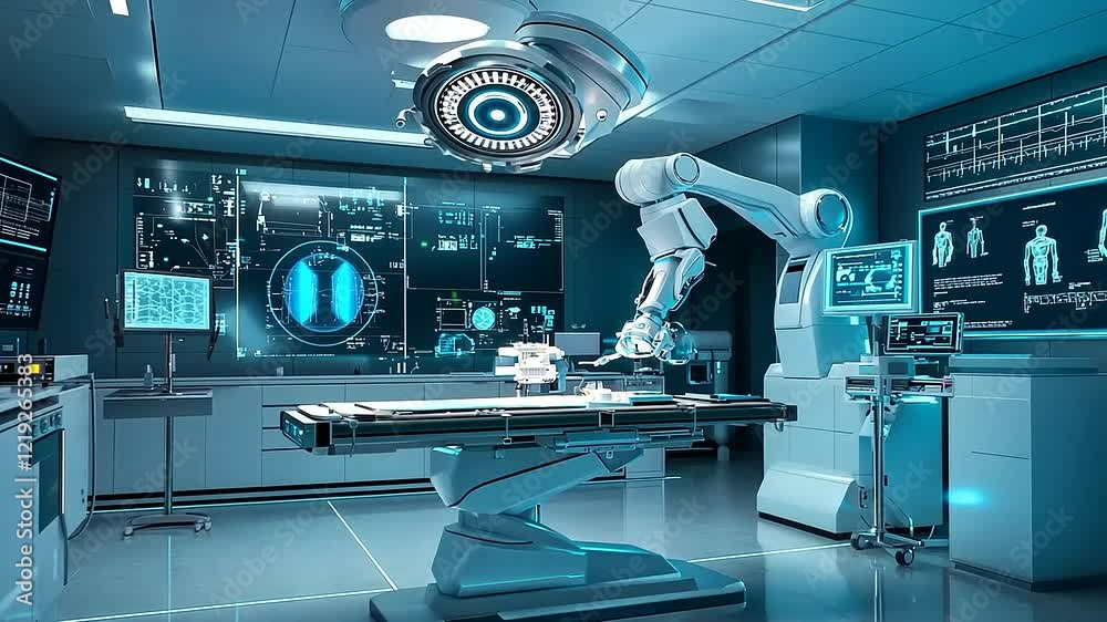 Futuristic surgical room with robotic arm assisting in operation ...