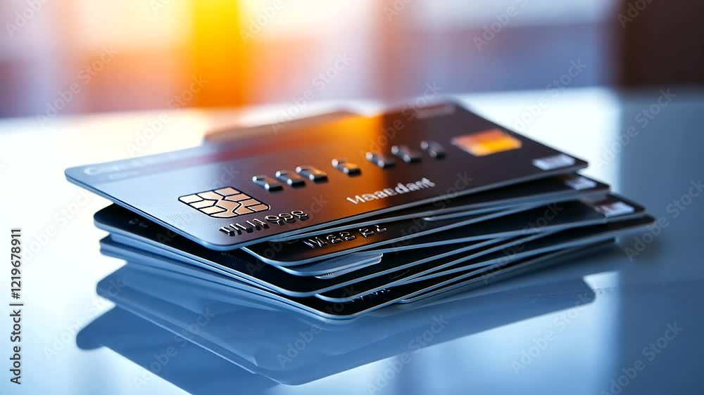 A stack of credit cards in metallic finishes rests beside a glowing POS ...