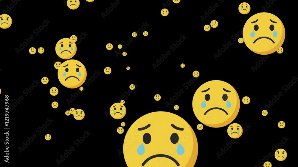 Blue and yellow crying face emojis with shimmering tears flying ...