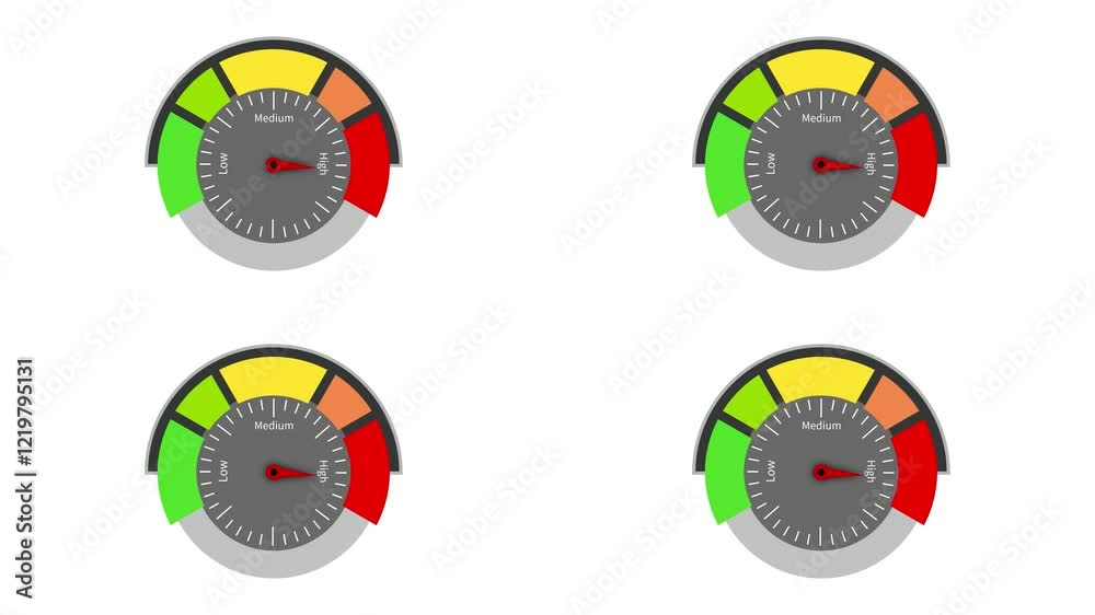 Speedometer needle animation on white background. Maximum reading on speed gauge. Low, medium ...
