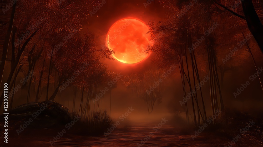 Blood Red Moon Over Misty Forest Path Stock Illustration | Adobe Stock