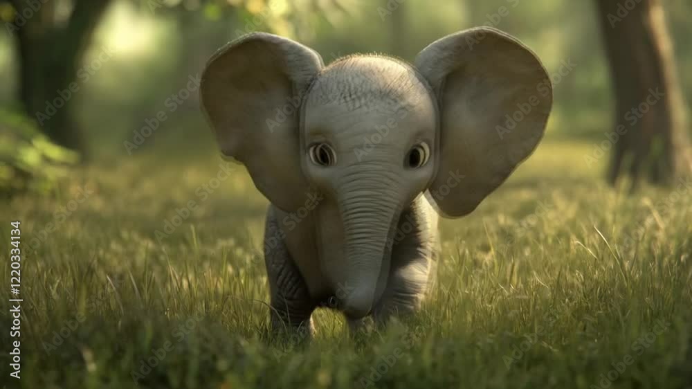 Cartoon animation scene of little elephant on the grassland, smooth ...