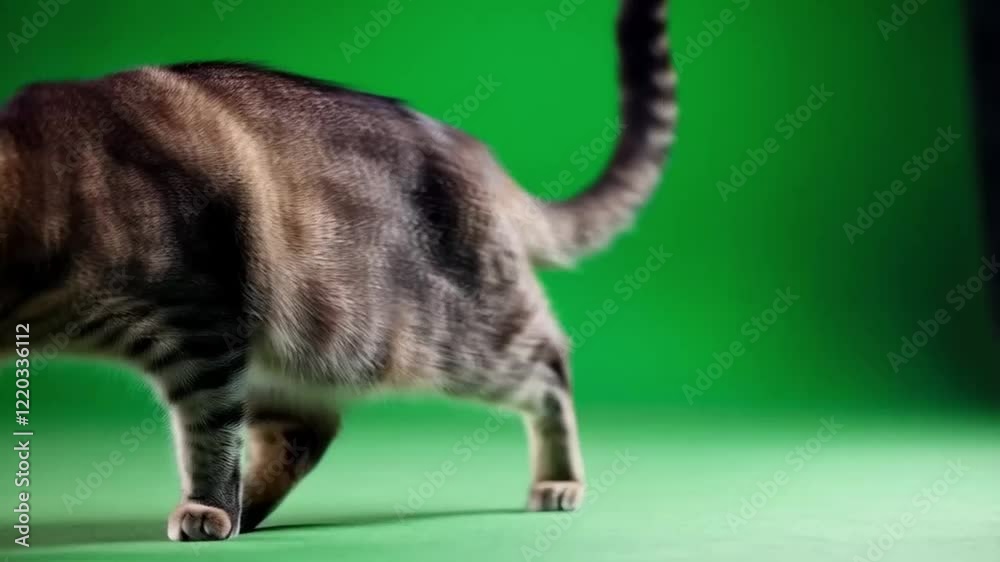 Scene of a cat walking on a green screen background, smooth repetitive ...