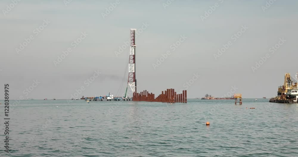 large industrial structure with a tall tower and barge sits in a calm ...