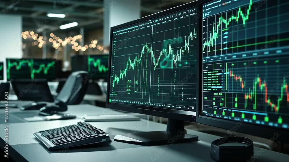 A detailed candlestick chart with green upward trends and rising volume ...