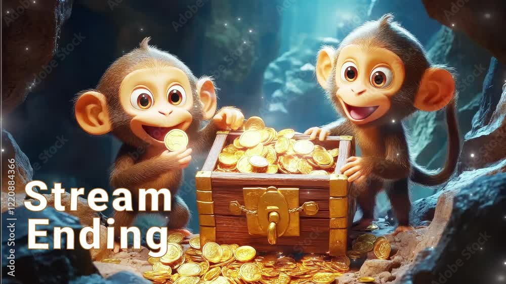 Two monkeys joyfully discover a treasure chest of gold. stream ending ...