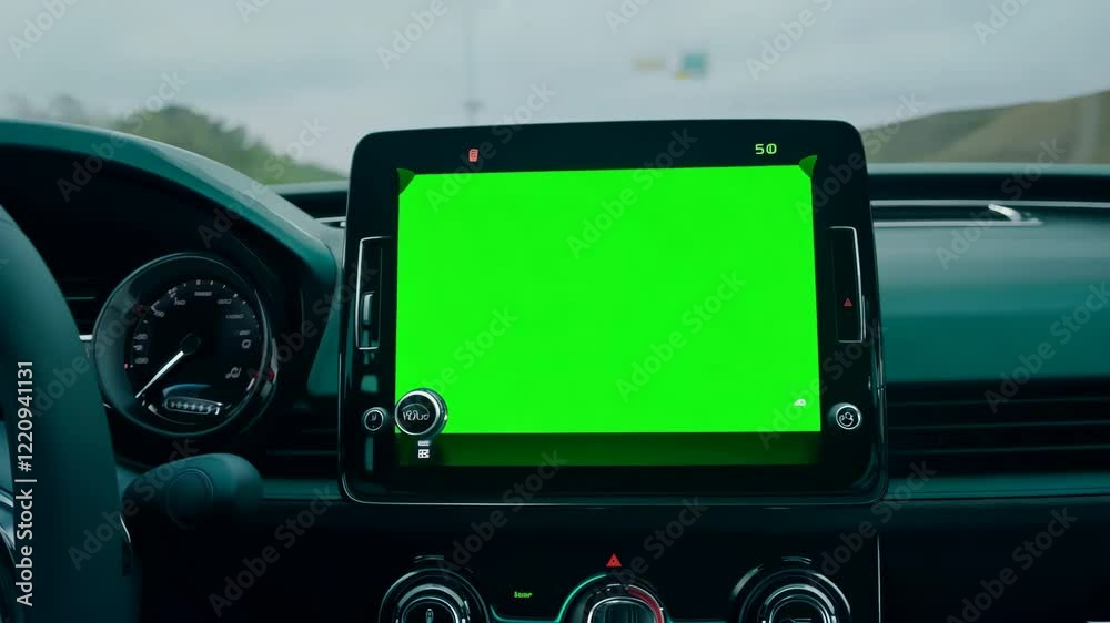 Navigator with green screen in the car dashboard. GPS module. Driver ...
