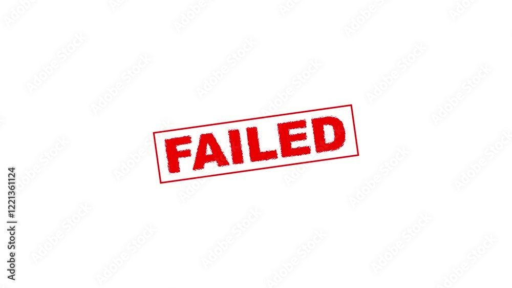 Red failed square rubber seal stamp zooming in on a white background ...