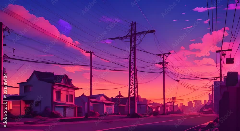 Utility pole sunset lo fi animation Electrical cables on dreamy night ...