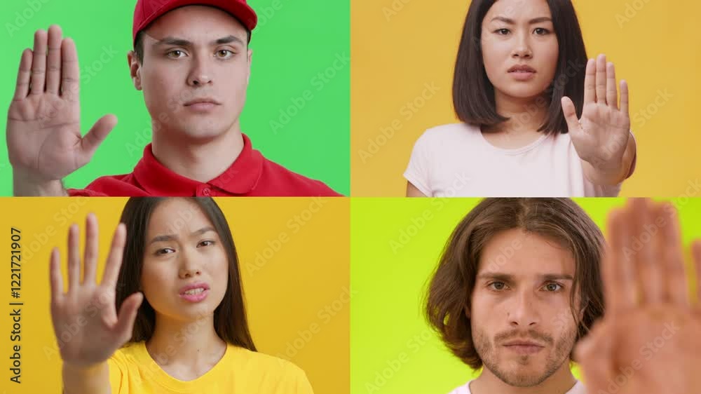 A collection of diverse individuals displays various emotions with hand ...