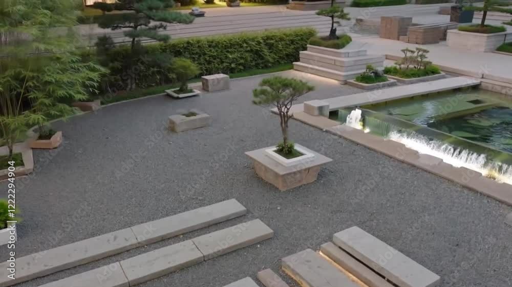 A tranquil space with neatly raked gravel patterns, large stone slabs ...