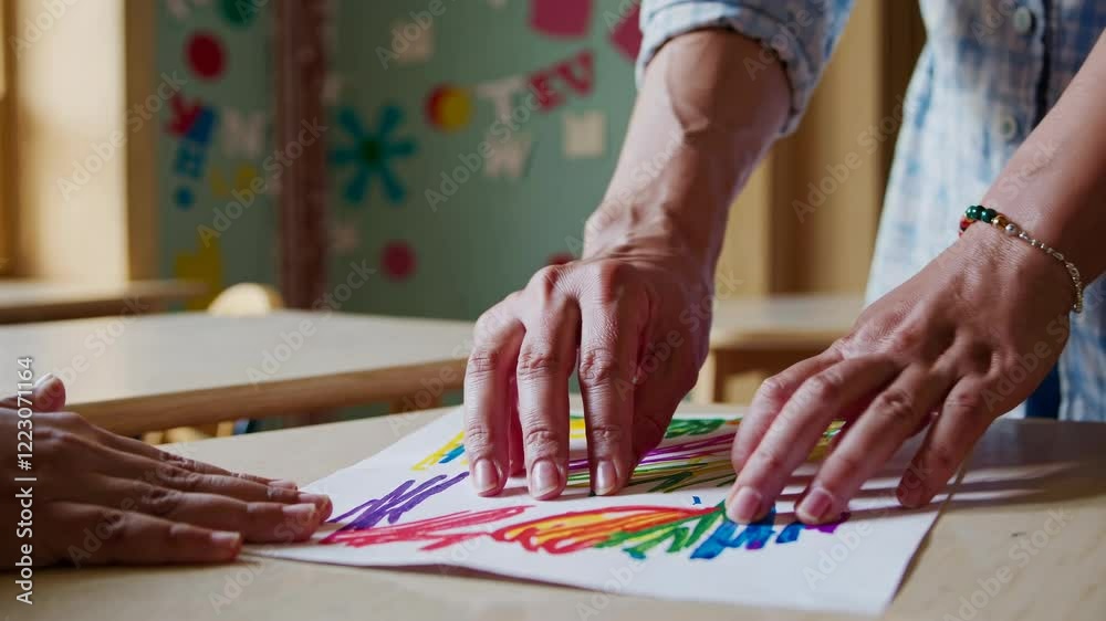 Hands create colorful drawings in classroom during art activity with ...