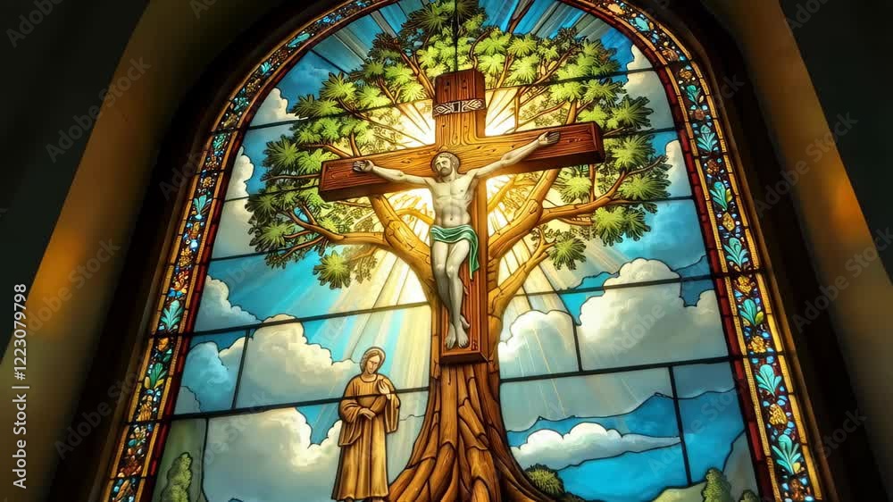 Intricate stained-glass window depicting a cross transforming into a ...