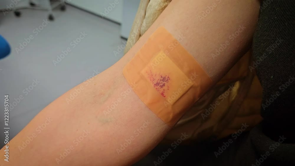 Cut on arm covered with bandage in hospital emergency. Wound treated ...