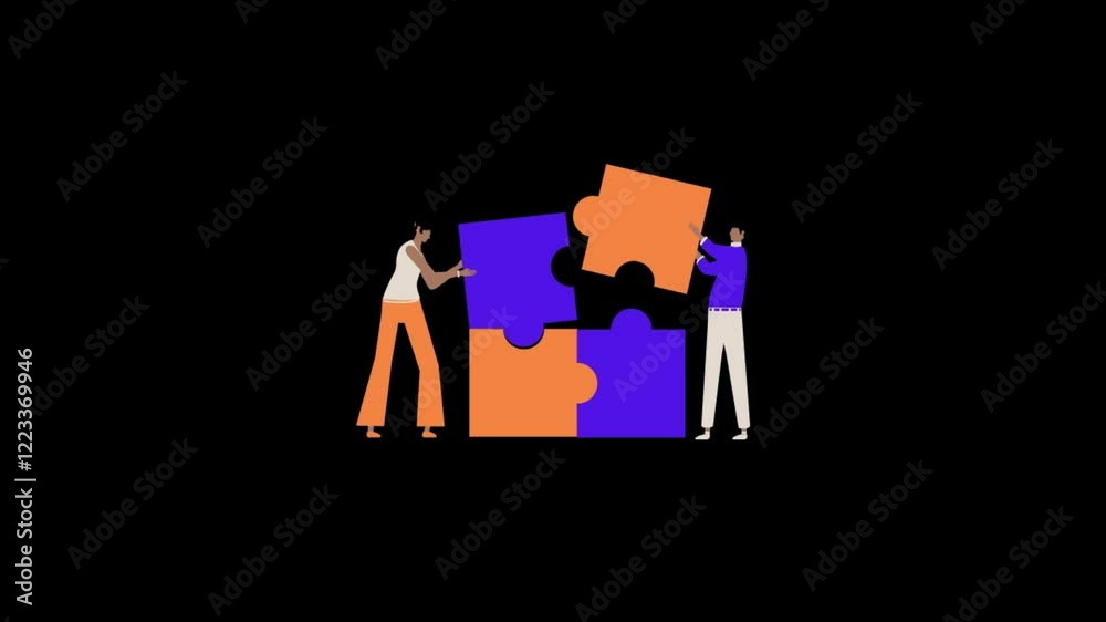 Teamwork, Puzzle, business solution, team working. Outline 2d, micro ...