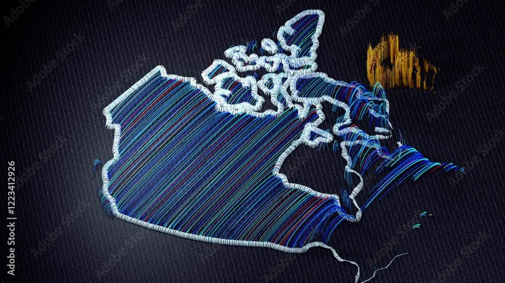 3D animation of an embroidered map of Canada. The colorful threads and ...