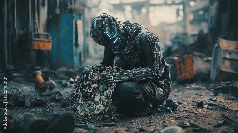 Photo & Art Print Cyberpunk Ruin: A Broken Robot's Lament, paryati