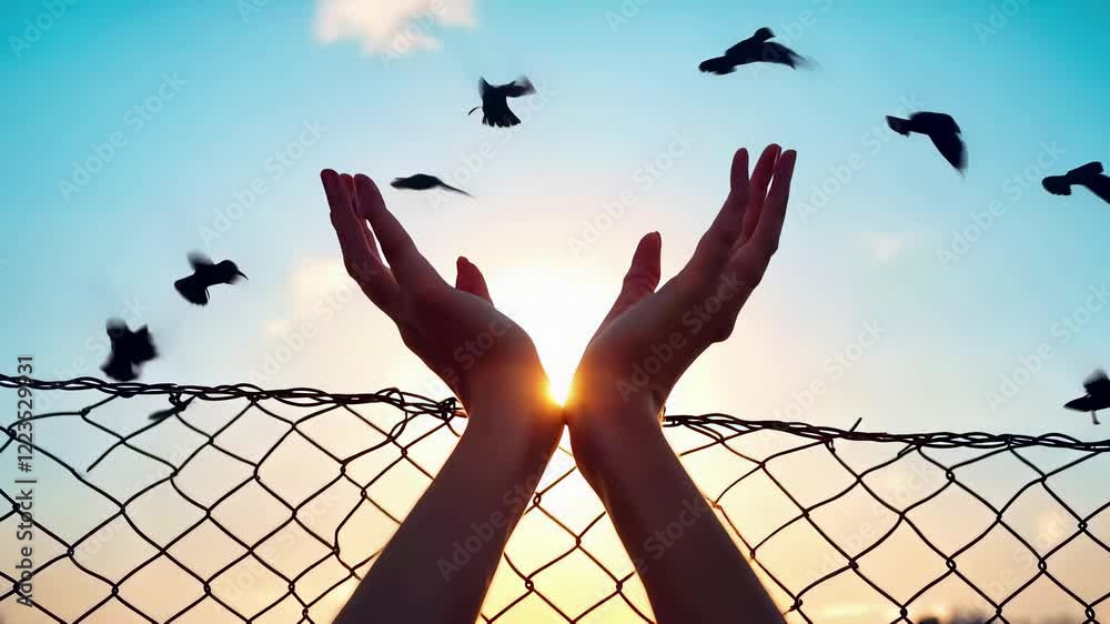 Symbolic of hands releasing birds into sunset sky through broken wire ...